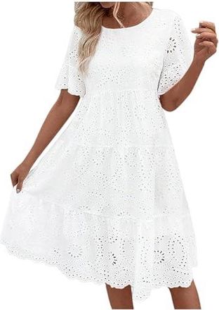 Generic Robe pour femme, mi-longue, dentelle, jacquard, évasée, col en V étroit, grande robe pour femme élégante, Blanc., XXL