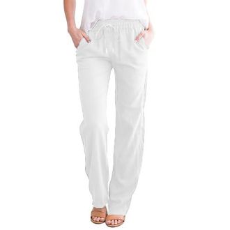 Generic Pantalon en lin pour femme - Coupe droite - Taille haute - Cordon de serrage - Coupe ample - Avec poches lat&eacute;rales, blanc, 3XL