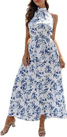 Generic Robe Rouge Halter Neck sans Manches Floral Long Maxi Dress Dos Lâche À Volants Robe Dété avec Ceinture Robe Sweat (Blue, S)