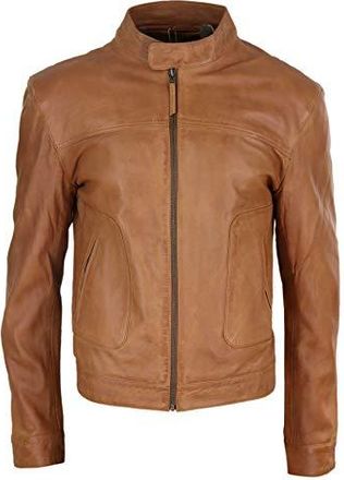 Infinity Leather Blouson pour Homme Classique décontracté en Cuir véritable Style Biker rétro sans col - Marron Clair 4XL