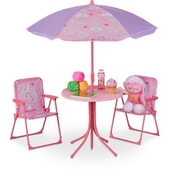 Relaxdays Relaxdays - Salon de jardin, enfant, table, chaises, parasol, pour un petit fan de licornes, pour plage ou camping, rose