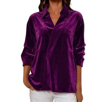 Generic Chemisier &agrave; col en velours noir pour femme, coupe ample, manches longues avec poches, haut habill&eacute; d&eacute;contract&eacute;, bureau, soir&eacute;e, printemps, automne, vi