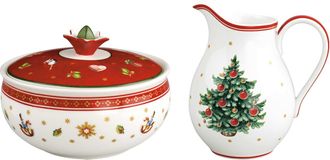 Villeroy & Boch Toys Delight Milch- und Zucker-Set, Milchkännchen (500 ml) und Zuckerdose (420 ml), Serviergeschirr mit Weihnachts-Dekor, Premium Porzellan, Rot-Weiß