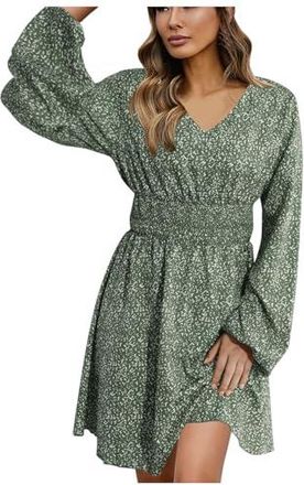 Generic Robe amincissante &agrave; pois pour femme, col en V, manches longues, taille pliss&eacute;e, jupe ajust&eacute;e, Vert, XXL