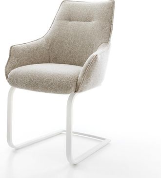 DELIFE Freischwinger Alja-Flex mit Armlehnen Webstoff Soft Beige Freischwinger flach Wei&szlig; Taschenfederkern, Esszimmerst&uuml;hle