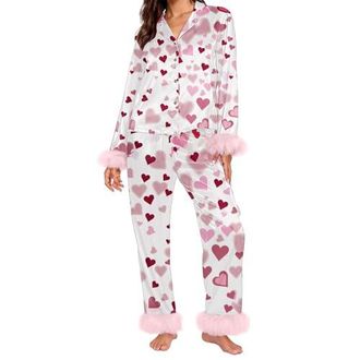 Generic Ensemble de pyjama en satin pour femme - V&ecirc;tement de nuit imprim&eacute; coeur - Haut et pantalon boutonn&eacute;s - Tenue 2 pi&egrave;ces - Pyjama en soie doux et confort