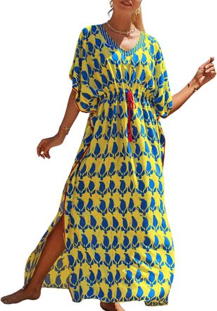 Bsubseach Kaftankleider f&uuml;r Frauen Plus Size Badeanzug Cover Up Langes Kaftankleid mit Taille Kordelzug Blau Gelb