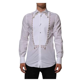 Dolce & Gabbana Wei&szlig;es Baumwoll-DG-Logo-Perlen-Formalhemd - - Shirts - Herren - Wei&szlig; - M