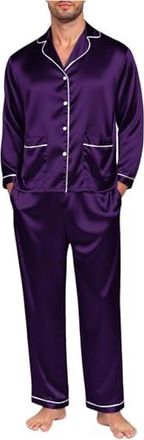 Generic Pyjama de Noël assorti à manches longues en satin de soie - Coupe ample et confortable - Chemise boutonnée et pantalon de pyjama, violet, M