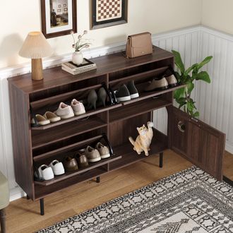 Merax Schuhschrank schmal mit 3 Klappen und Ablage 120 L x 28 B x 92 H(cm) - moderner Schuhkipper Schuhregal f&uuml;r Flur & Diele, platzsparender Schuhschrank m