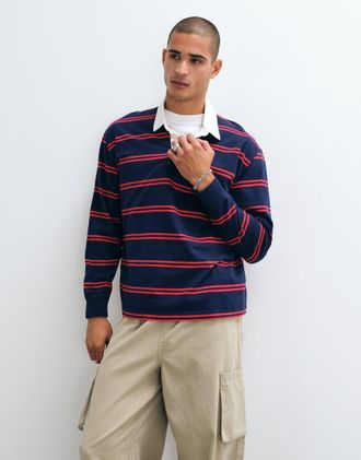 Abercrombie & Fitch kastiges Rugby-Polooberteil in Marineblau mit roten Streifen-Multi