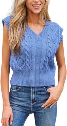 Cupshe Pull décontracté sans manches en tricot torsadé pour femme avec col en V, bleu, Taille M