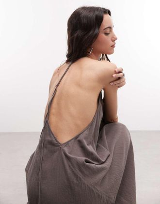 Weekday Robe longue effet froiss&eacute; &agrave; dos nu et encolure am&eacute;ricaine - Taupe fonc&eacute;-Marron