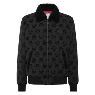 Philipp Plein Wool Aviator Bomber mit Shearling-Kragen-Monogramm - - Jackets - Herren - Schwarzk - M