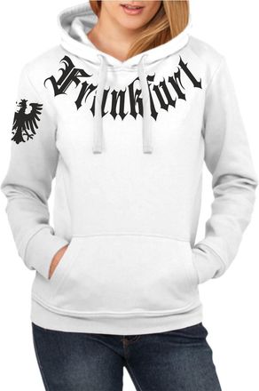 Spass Kostet Damen M&auml;dchen Kapuzenpullover Frankfurt Schwarz Weisser Block Adler Hoodie