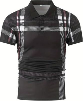 Generic Polo &agrave; manches courtes imprim&eacute; &agrave; carreaux pour homme, Noir, XXL