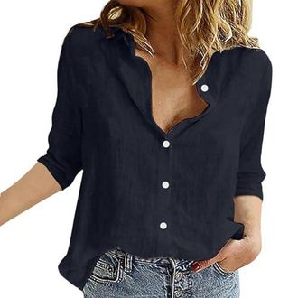 Generic Chemisier d&eacute;contract&eacute; en coton et lin pour femme avec revers boutonn&eacute; &agrave; manches 3/4, t-shirt ample surdimensionn&eacute; en coton m&eacute;lang&eacute;, chemisier tendance