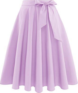 Bbonlinedress Trachtenrock Damen Knielang R&ouml;cke Vintage Rockabilly Oktoberfest Rock Basic Vielseitige Casual Tellerrock Hohe Taille Freizeitrock Lavender 2XL