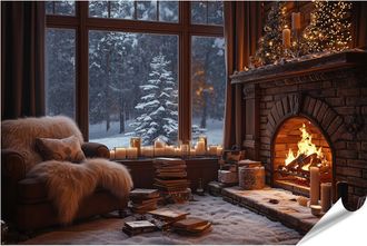 Islandburner Prime Bild Poster Gem&uuml;tlicher Winterabend mit Kaminfeuer und Schneeblick Premium Bilder Fotodruck