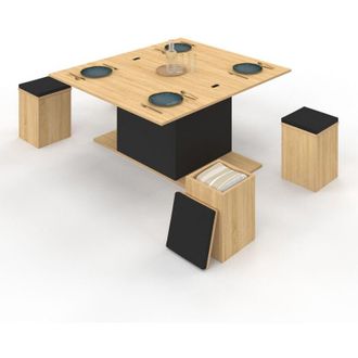 IDMarket Rechteckiger, aufklappbarer Couchtisch, der in einen Esstisch EDEN aus Holz und Schwarz umgewandelt werden kann, mit Hockern