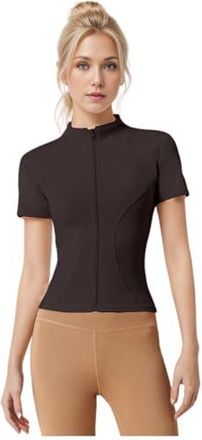 Generic 2026 Vestes de fitness pour femme Coupe ajust&eacute;e d&eacute;contract&eacute;e &agrave; manches courtes Sport Yoga Top, caf&eacute;, XXL