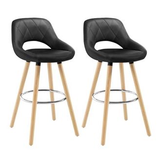 Woltu Tabouret Bar, Lot de 2, Chaise Haute Bar, Tabouret Haut avec Dossier et Repose-Pieds, Cadre en Bois, Siège en Similicuir, Noir, BH111sz-2