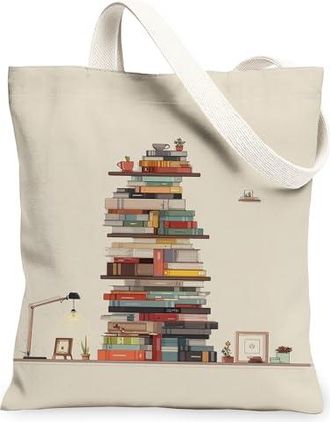 Generic Sacs fourre-tout en toile avec livres artistiques, design moderne de biblioth&egrave;que, sacs de courses l&eacute;gers et r&eacute;utilisables, toile lavable &eacute;cologique, 