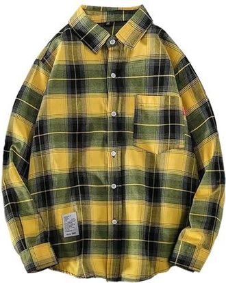 Generic Chemise &agrave; carreaux &agrave; manches longues pour homme, coupe r&eacute;guli&egrave;re, chemise &agrave; carreaux en coton, grande taille, beau chemisier d&eacute;contract&eacute;, chemise d&eacute;co