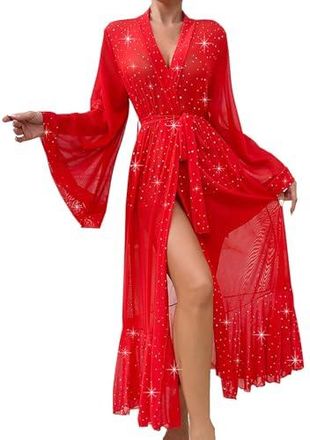 Generic Robe de chambre en tulle scintillante pour femme avec bordure &agrave; manches longues et ceinture, chemise de nuit sexy en r&eacute;sille, sous-v&ecirc;tements, lingerie