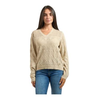 Yes-Zee YES Zee, Femme, Pulls, Beige, Taille: 44 FR Pull Beige &agrave; Col en V avec Motif Fantaisie
