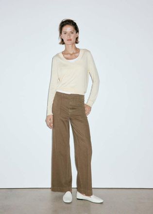 Mango Jeans mit weitem Bein, hoher Bund, Ziern&auml;hte khaki - Damen - 34 - MANGO