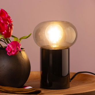 Lightbox moderne Nachttischlampe - 25 cm Höhe & 15 cm Durchmesser - Tischleuchte mit Glas Abdeckung in Rauchfarben & Schalter - für Schlazimmer - aus Glas/Meta