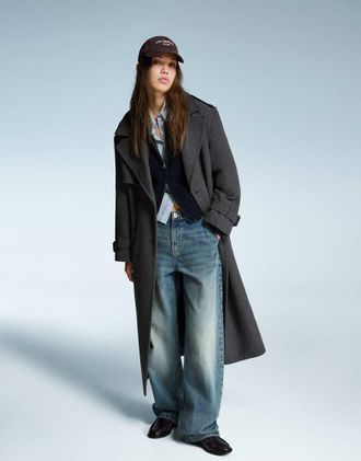 Bershka Trench-coat oversize en feutre texturé - Gris