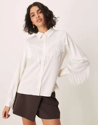 Vero Moda Chemise style western &agrave; franges - Cr&egrave;me-Blanc