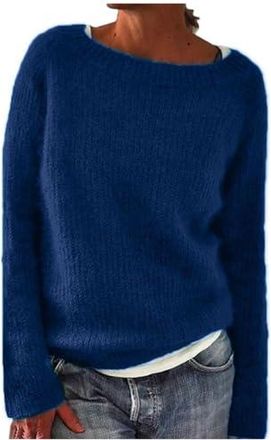 Generic Pull tricot&eacute; &agrave; manches longues pour femme Col bateau R&eacute;tro L&eacute;ger Pull Haut pour Automne Hiver, noir fonc&eacute;, XXL