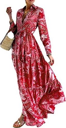 Onsoyours Femmes Maxi Robe De Plage Boho Elegante Floral Feuille Imprimé Longue Robe Manches Courtes Floral Dress DÉté De Vacances Taille Haute Rétro Jupe De Pl