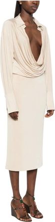 Andamane Femme, Robes, Beige, Taille: 42 FR Lilia Midi Dress Deep V Collar