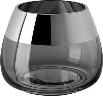 Fink Grauer Teelichthalter Ø 15 cm großer gläserner Kerzenhalter mit Silberrand