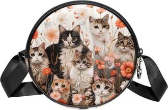 Generic Petit sac &agrave; bandouli&egrave;re rond pour femme, motif chats et fleurs, sac &agrave; dos avec fermeture &eacute;clair, bretelles r&eacute;glables, sac &agrave; main rond d&eacute;contract&eacute; pour