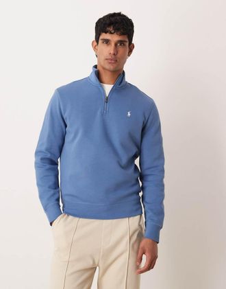 Polo Ralph Lauren Sweat en maille jacquard double avec logo embl&eacute;matique et col zipp&eacute; - Bleu moyen
