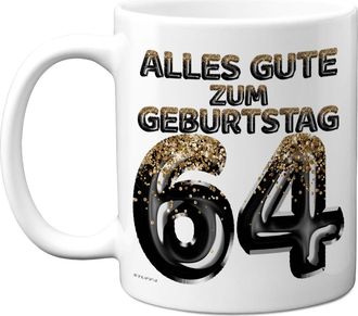 Stuff4 64. Geburtstagsgeschenke - Schwarz Gold Glitzerballons Tasse - Geburtstag Tasse f&uuml;r M&auml;nner und Frauen, 325 ml Premium-Keramiktasse, Sp&uuml;lmaschinenfest