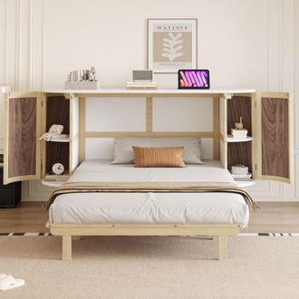 Liberte Lit escamotable 140x200 mural bois, sommier inclus, design cannage rotin, rangements int&eacute;gr&eacute;s