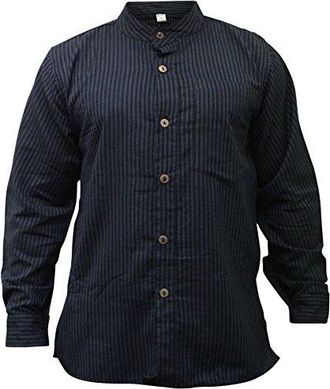 Shopoholic Fashion Chemise Grand-père à Rayures pour Hommes, vêtements Hippies en Coton tissé à la Main à Manches Longues et col Bande, Nouveau Bleu, M