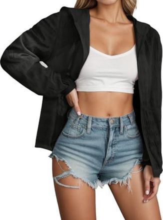 Generic Vestes pour femmes, grande taille, d&eacute;contract&eacute;es, couleur unie, fermeture &eacute;clair, veste de soleil l&eacute;g&egrave;re pour un confort quotidien, Noir, XXL