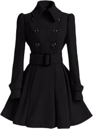 Generic Manteau &eacute;l&eacute;gant en laine &agrave; double boutonnage pour femme, manteau mi-long, manteau dext&eacute;rieur classique, chaud, trap&egrave;ze, trench-coat midi avec ceinture