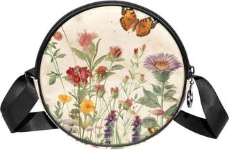 Generic Petit sac &agrave; bandouli&egrave;re circulaire pour femme, motif papillons et fleurs sauvages, sac &agrave; dos avec fermeture &eacute;clair, bretelles r&eacute;glables, sac &agrave; main ro