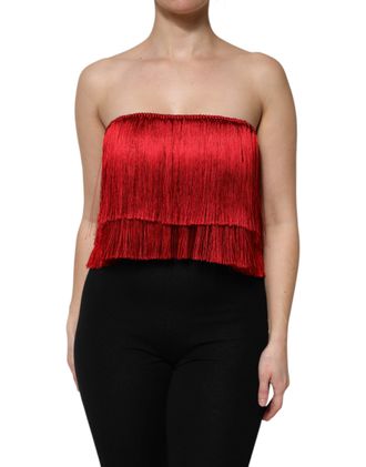 Dolce & Gabbana Womens Red Silk Strapless Fringe Crop Tube Top Elastane
