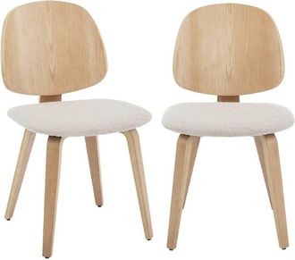 Sweeek Sweeek - Lot de 2 chaises d&eacute;cor bois courb&eacute; placage effet ch&ecirc;ne et bouclette textur&eacute;e gris clair