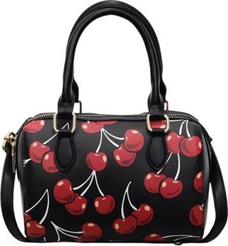 Generic Sac &agrave; main imprim&eacute; cerise mignon pour fille avec sangle r&eacute;glable, sac &agrave; bandouli&egrave;re en cuir synth&eacute;tique pour bureau, voyage, &eacute;cole, Noir, 7.48x4.33x5.