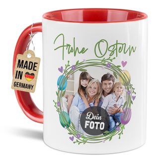 Tassendruck Personalisierte Ostertasse mit Foto selbst gestalten - Frohe Ostern - Osterkranz mit Ostereier - Ostergeschenke f&uuml;r Freundin, Kollegin - Keramiktasse,